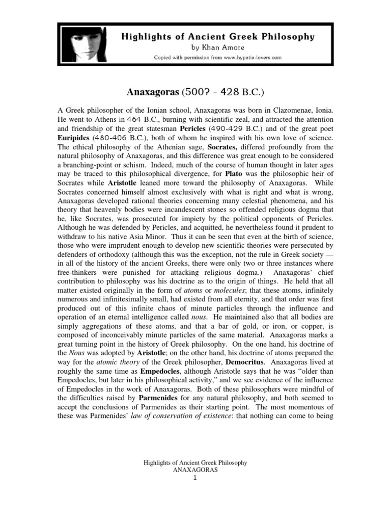 Anaxagoras, Ionian Natural Philosophy - (Highlights Edit) | PDF | Nous ...