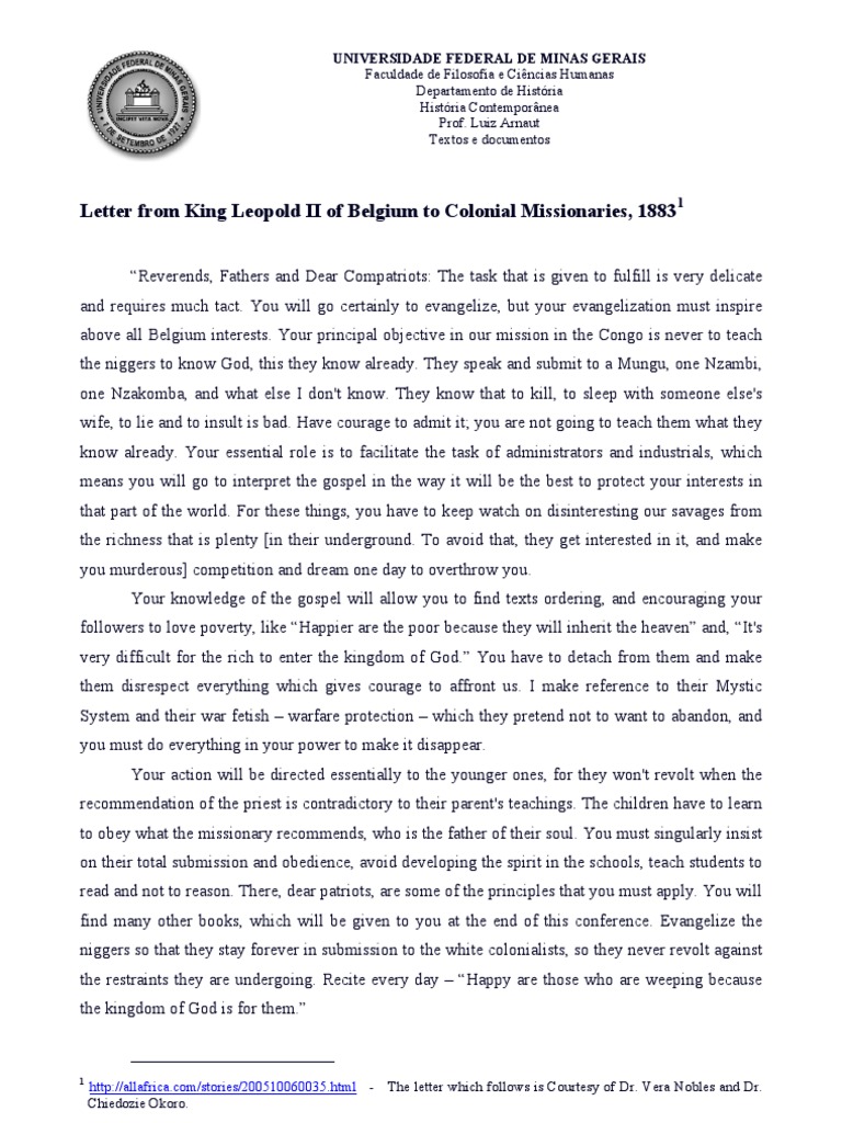 Letter Leopold II To Colonial Missionaries | Missionary | Religion And ...