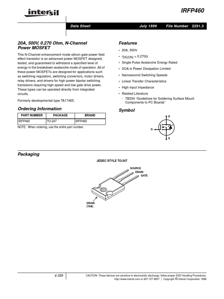 Datasheet IRFP460 PDF | PDF | Field Effect Transistor | Mosfet