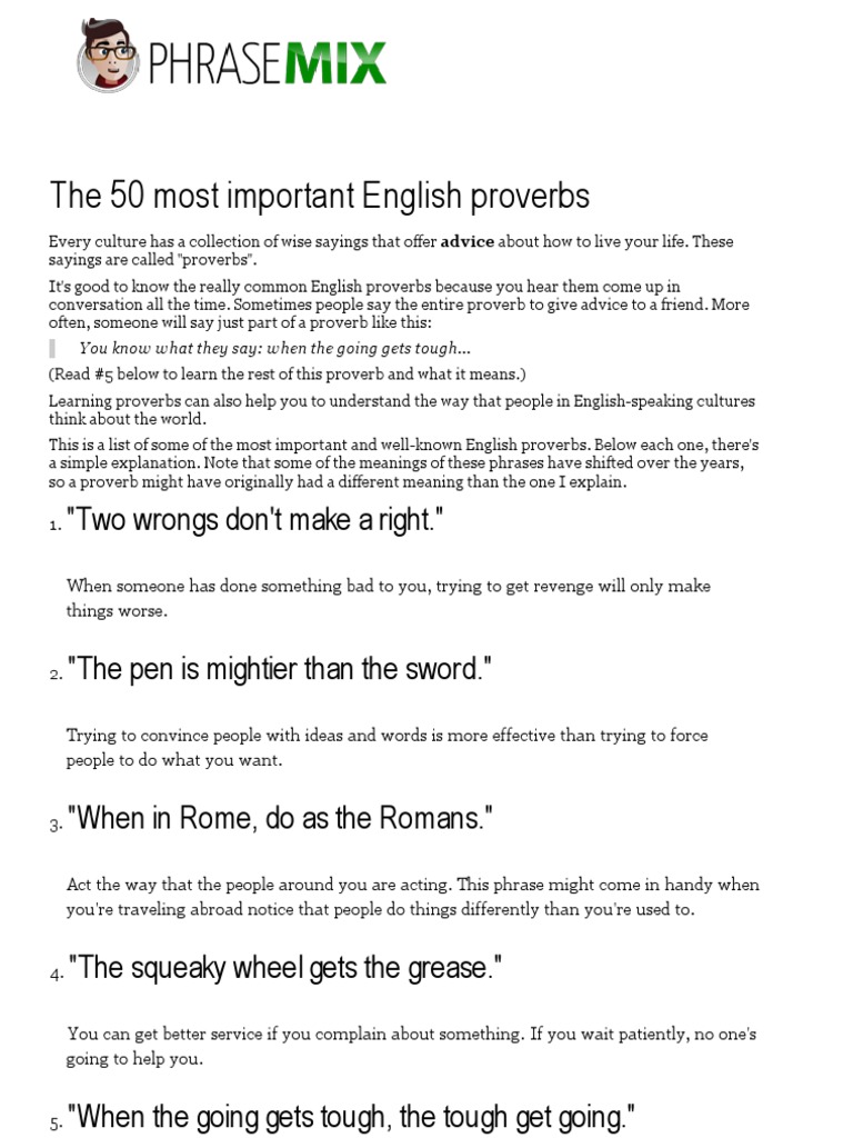The 50 Most Important English Proverbs - PhraseMix | PDF