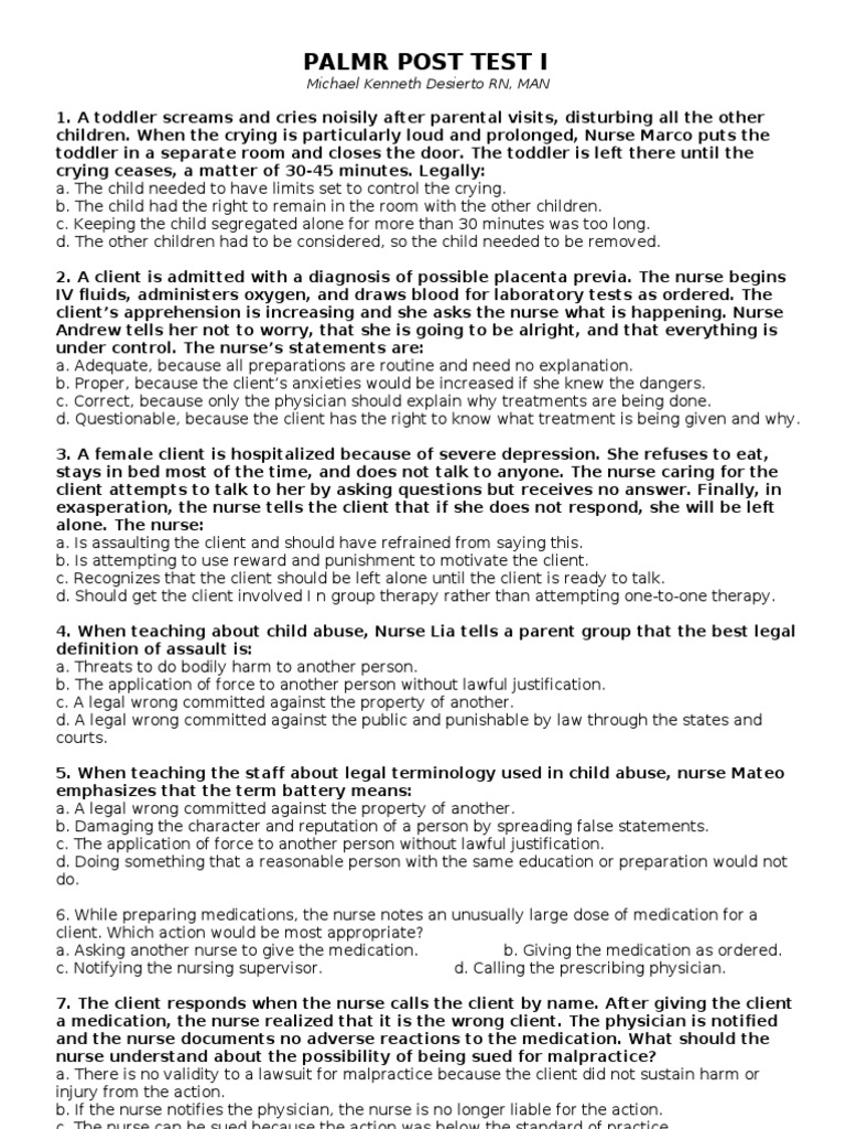 Palmer Post Test I | PDF | Research Design | Nursing