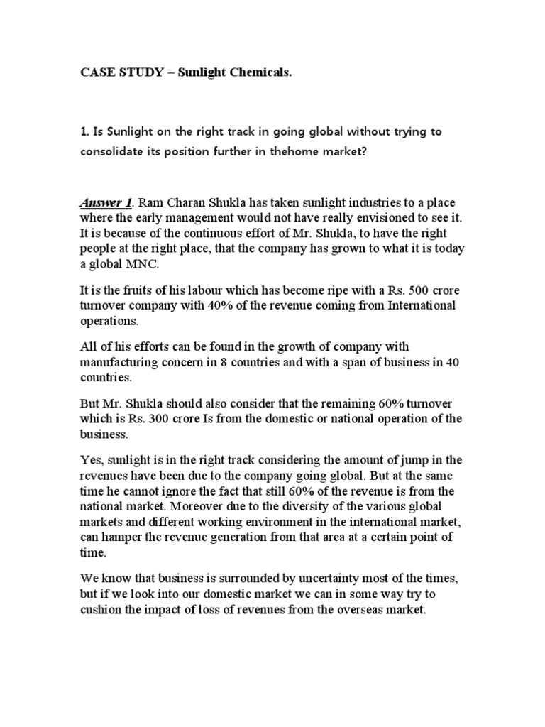 CASE STUDY - Sunlight Chemicals | PDF | Strategic Management | Business