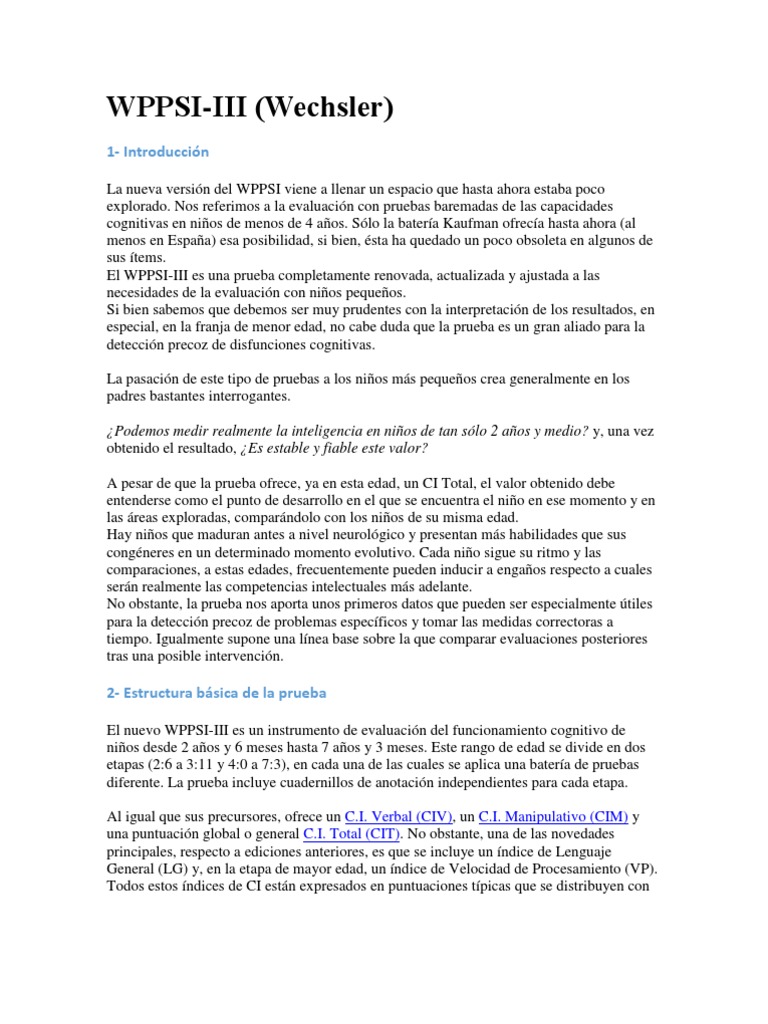 Wppsi III Wechsler | PDF | Cociente de inteligencia | Memoria