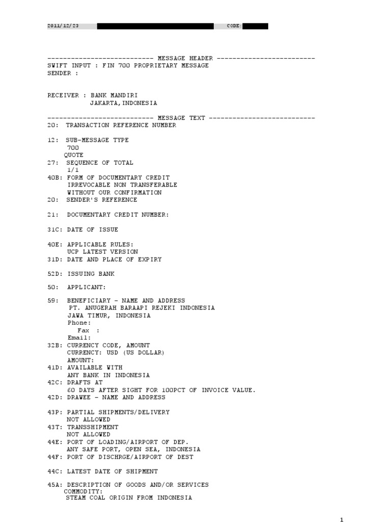 Format Draft Lc Cif 100% ( Dec'12) | Letter Of Credit | Invoice