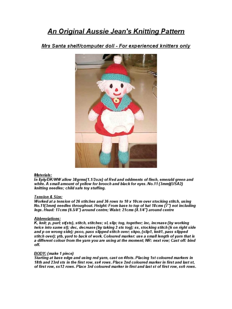An Original Aussie Jean's Knitting Pattern: Mrs Santa Shelf/computer ...