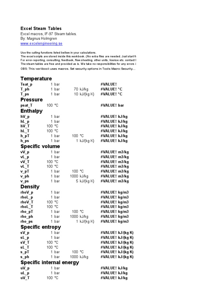 Excel Steam Tables v01 | PDF | Enthalpy | Vapor
