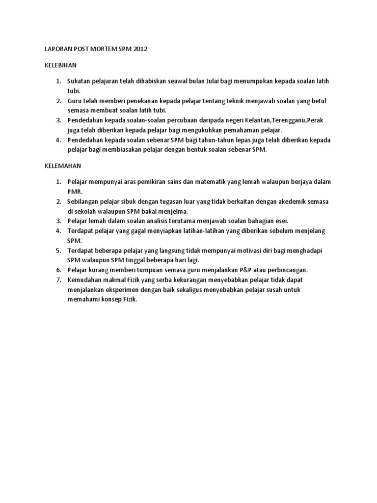 Laporan Post Mortem SPM 2012 | PDF