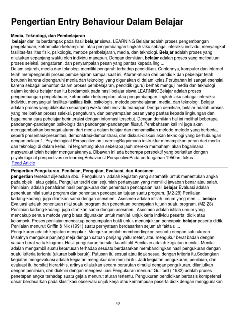 Pengertian Entry Behaviour Dalam Belajar | PDF