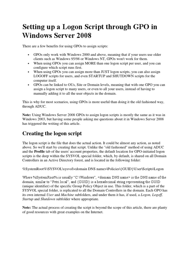 Setting Up A Logon Script Through GPO in Windows Server 2008 | PDF ...