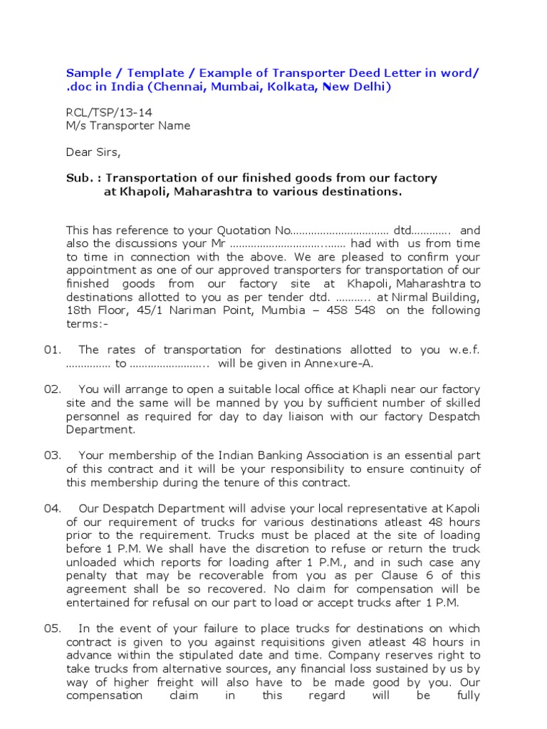 Transport Contract Agreement Format | PDF | Truck | Indemnity