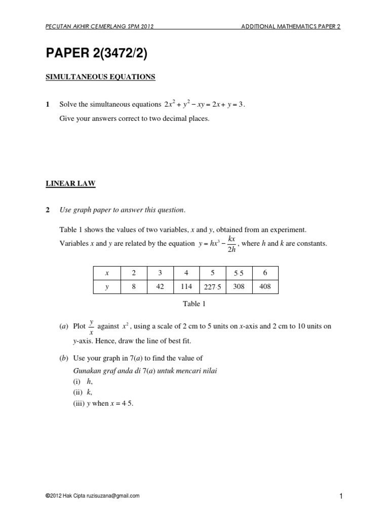 SPM Add Maths Paper 2 | PDF | Cartesian Coordinate System | Line (Geometry)