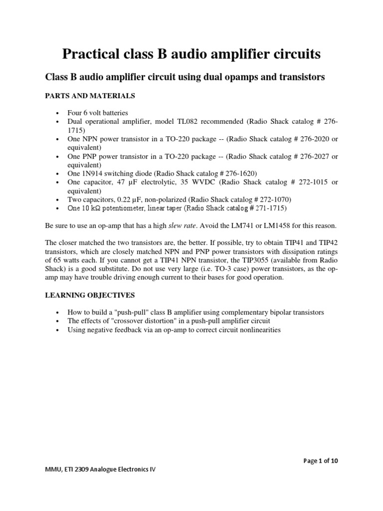 Class B Audio Amplifier Guide | PDF | Amplifier | Operational Amplifier