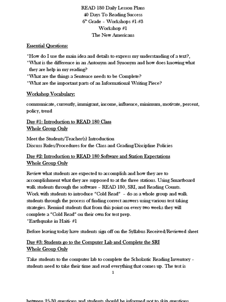 READ 180 Daily Lesson Plans - Workshop #1 | PDF | Reading Comprehension ...