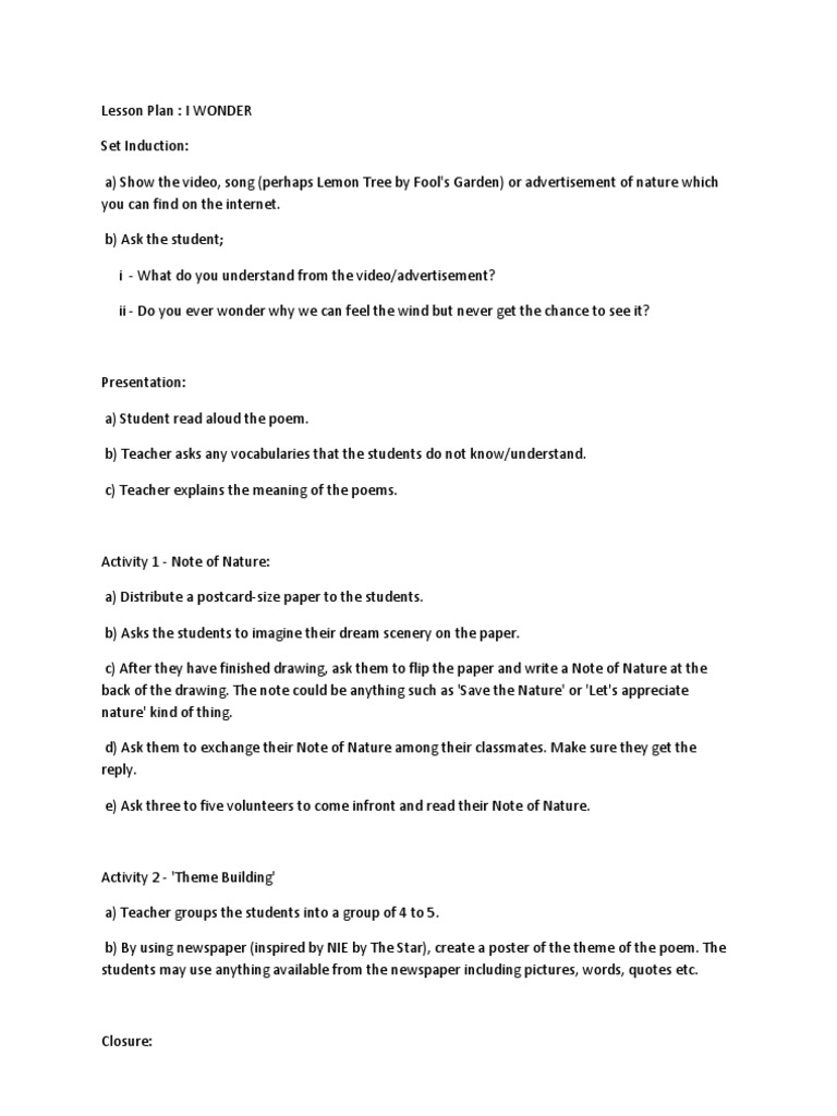 Lesson Plan - I Wonder | PDF