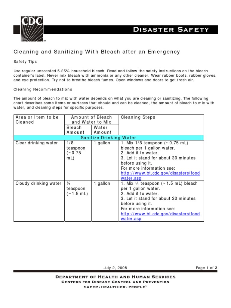 Cleaning and Sanitizing With Bleach After An Emergency: Safety Tips | PDF