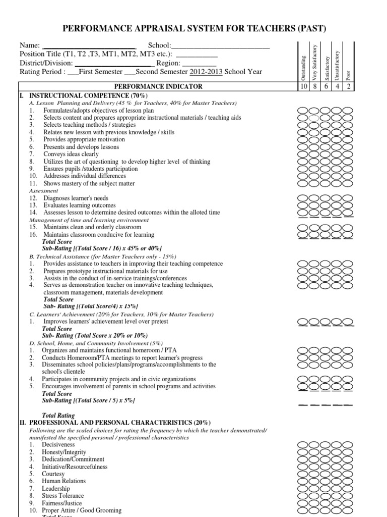 Performance Appraisal System For Teachers (Past) Form | PDF ...