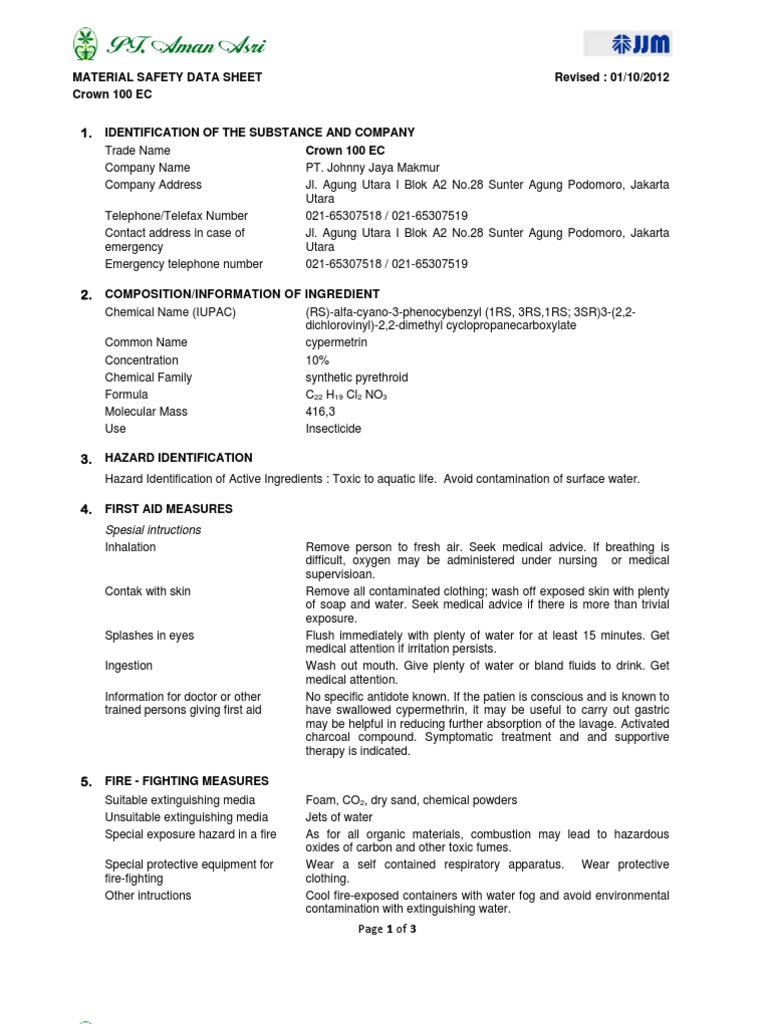 MSDS Crown 100 EC | PDF | Personal Protective Equipment | Toxicity