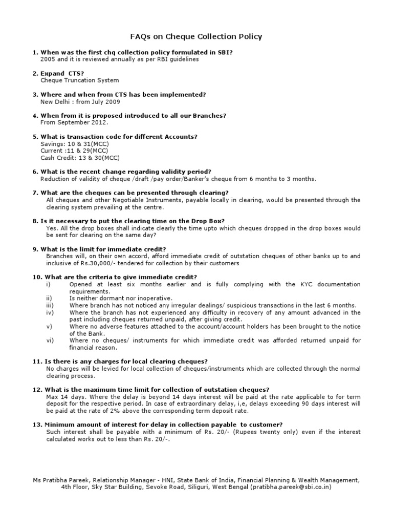 FAQs On Cheque Collection Policy | PDF | Cheque | Banks