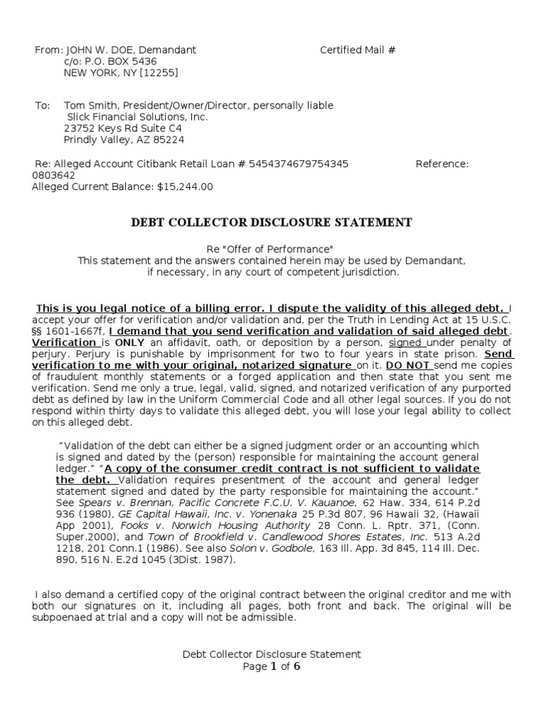 Debt Collector Disclosure Statement for Credit Card Same as One for PDF ...