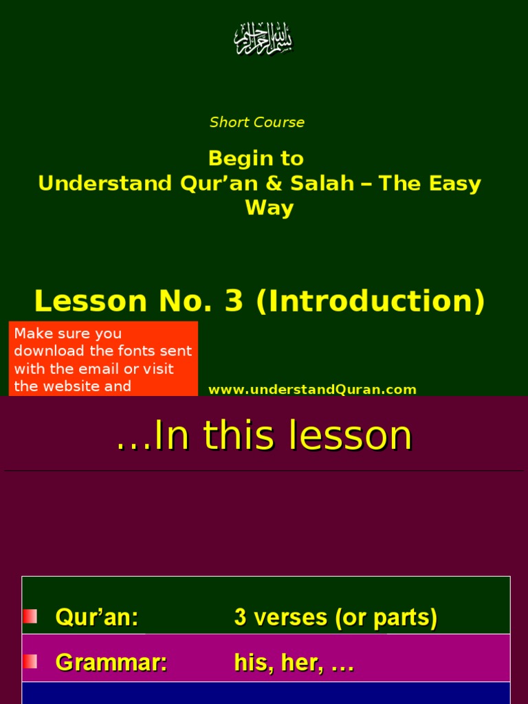Lesson No. 3 (Introduction) : Begin To Understand Qur'an & Salah - The ...