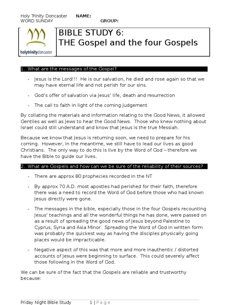 Bible Study 6: THE Gospel and The Four Gospels | PDF | Ministry Of ...