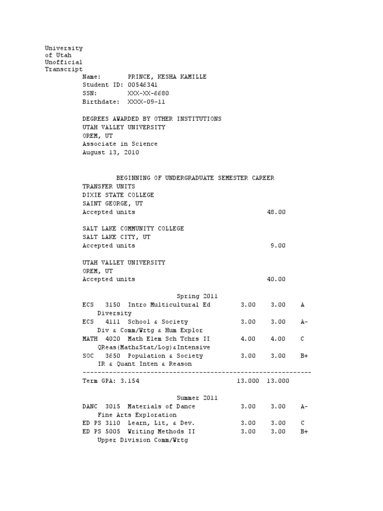 University of Utah Unofficial Transcript - Kesha Prince | PDF