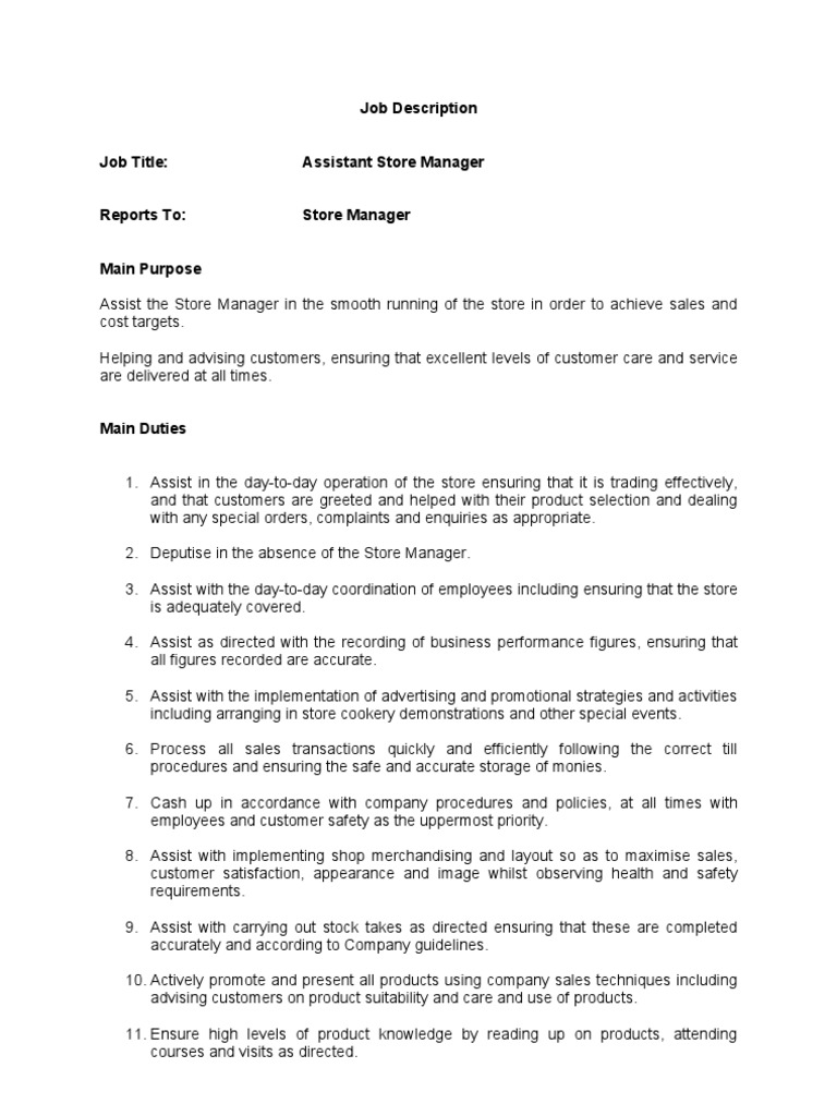 JD - Assistant Store Manager | PDF | Employment | Leadership