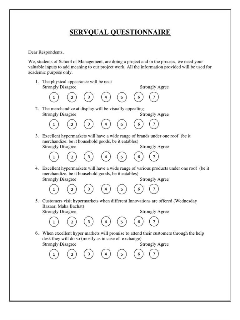 Servqual Questionnaire | PDF | Business Economics | Marketing
