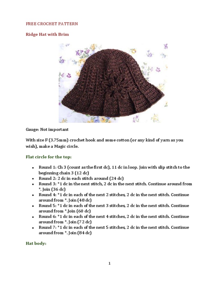 Free Crochet Pattern Ridge Hat With Brim | PDF | Crochet | Textile Arts