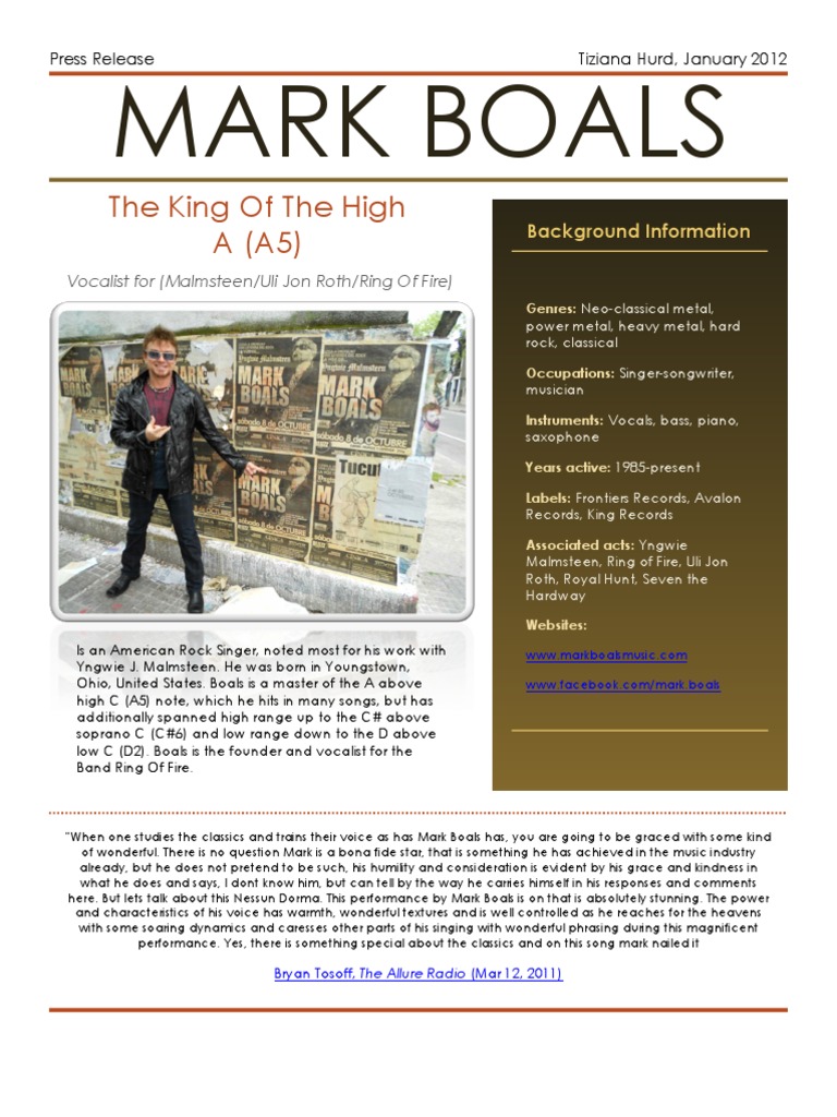 Mark Boals Press Release 2012 | PDF | Performing Arts | Musicians
