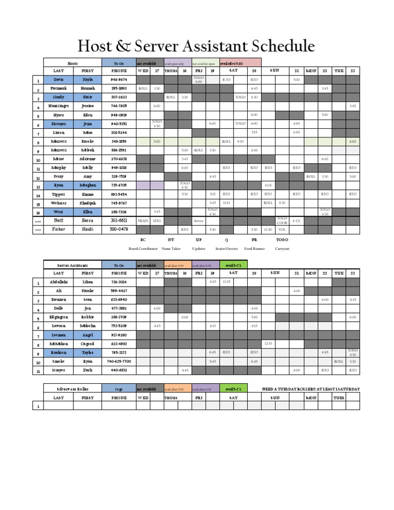 Weekly To-Go and Server Schedule | PDF