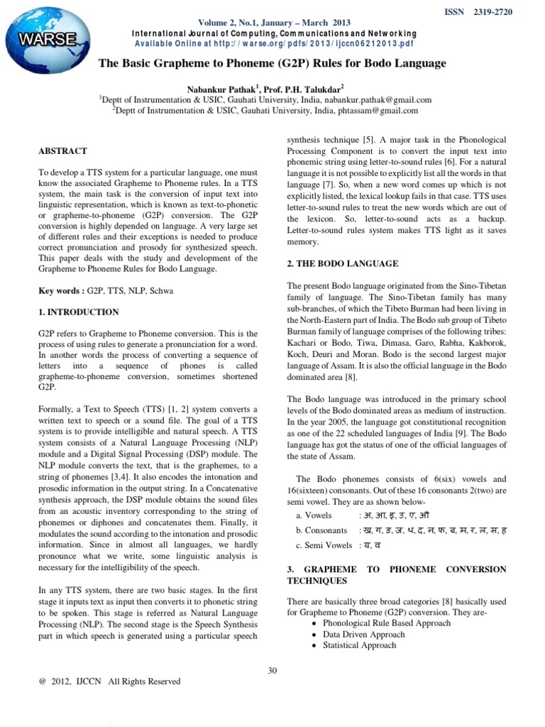 The Basic Grapheme To Phoneme (G2P) Rules For Bodo Language | PDF | Speech Synthesis | Phoneme