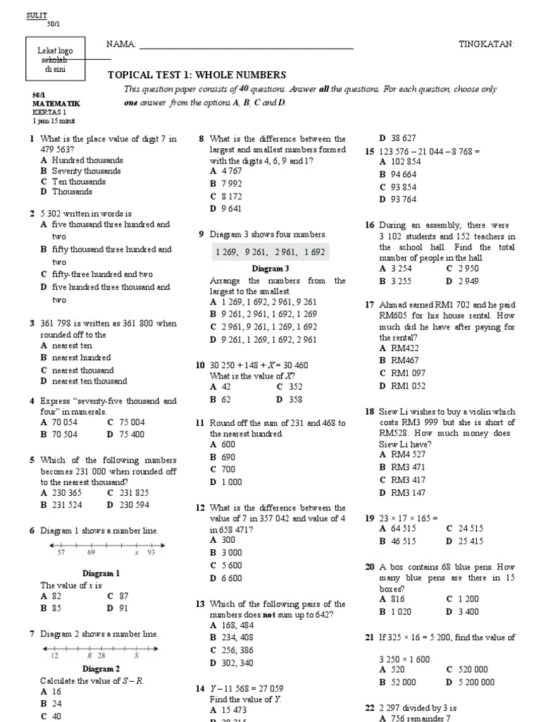 Maths F1 Topical Test 1 (BI) | PDF | Teaching Mathematics