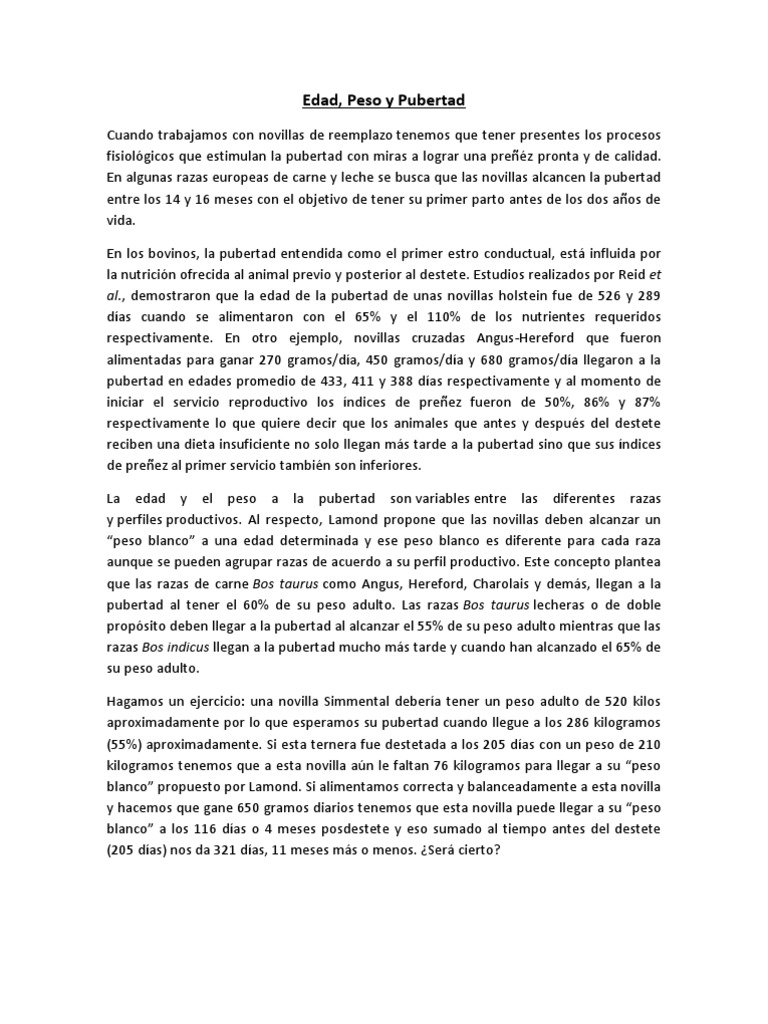 Edad, Peso y Pubertad en Bovinos | PDF | Vacas | Dieta