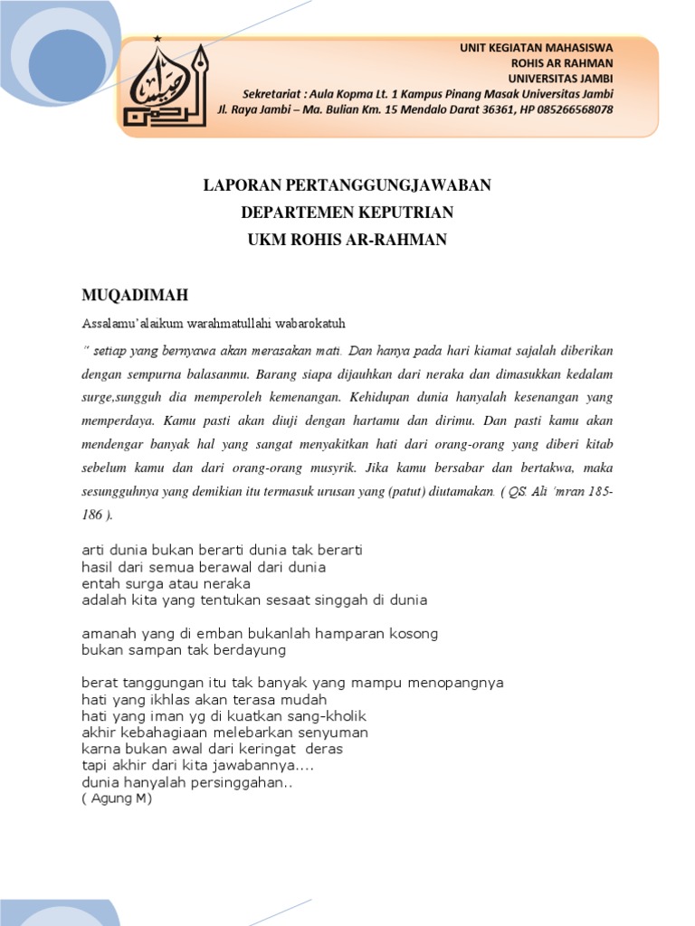 Laporan Akhir Departemen Keputrian Rohis UNJA | PDF