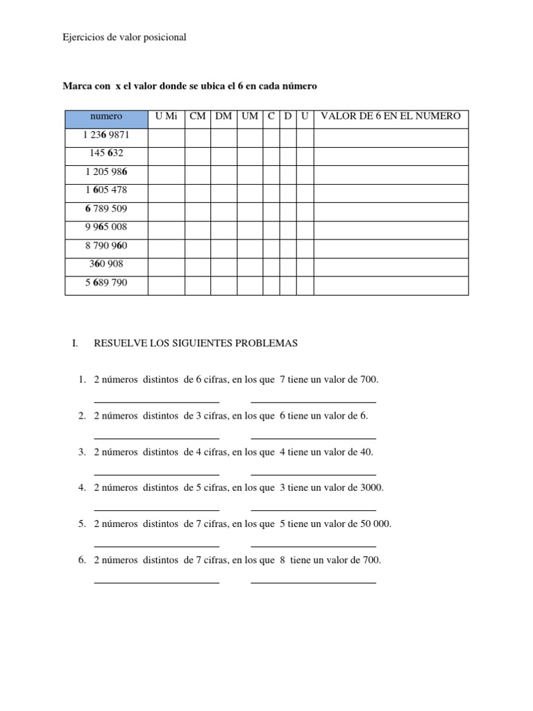Valor Posicional Ejercicios