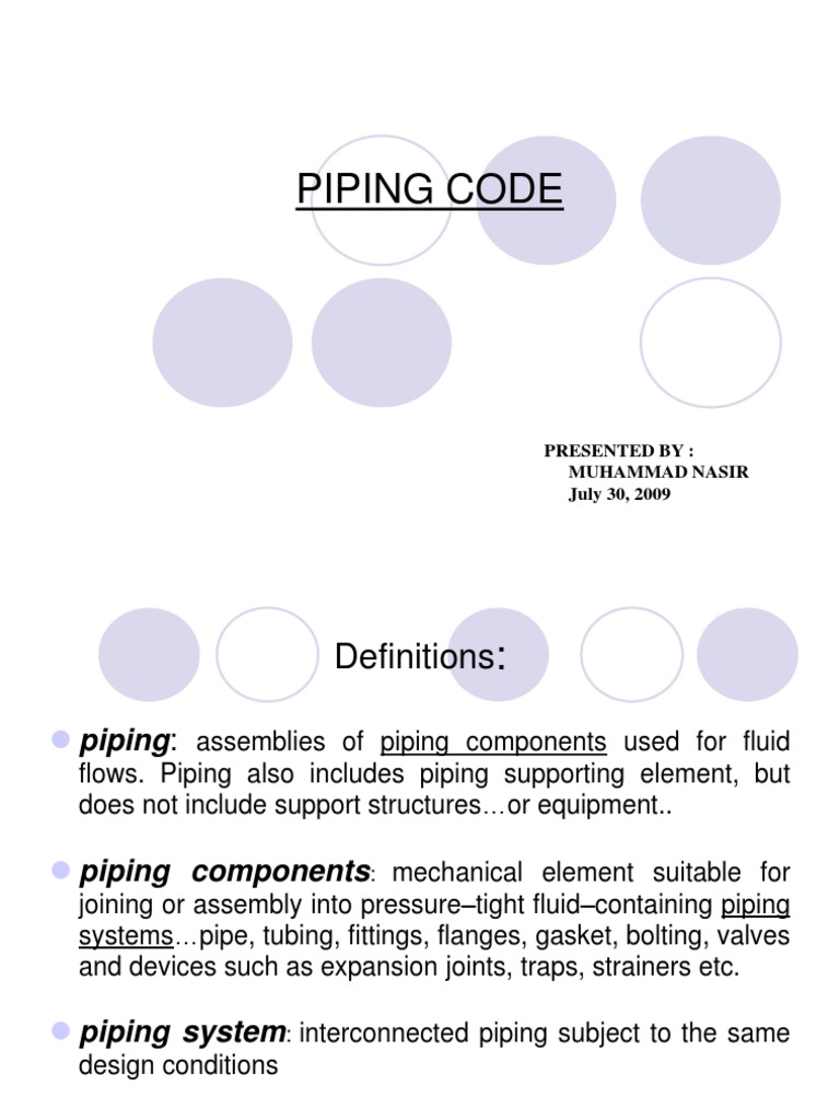 Piping Codes | PDF | Pipe (Fluid Conveyance) | Chemical Process Engineering