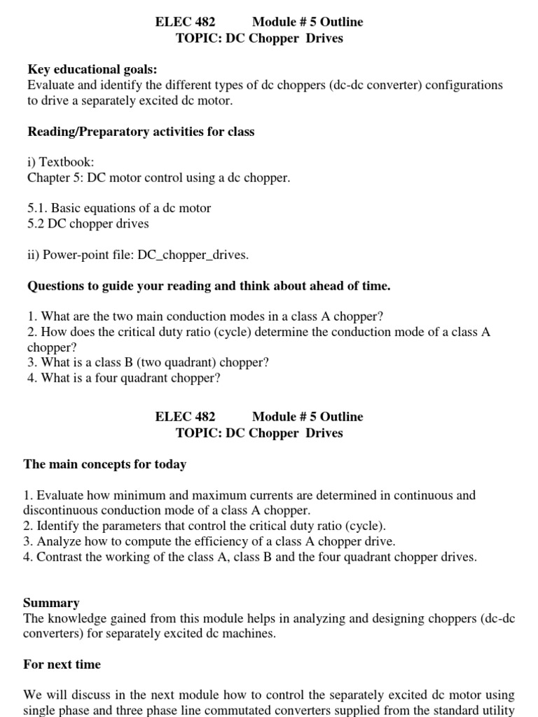 ELEC 482 Module # 5 Outline TOPIC: DC Chopper Drives | PDF | Electric Motor | Amplifier