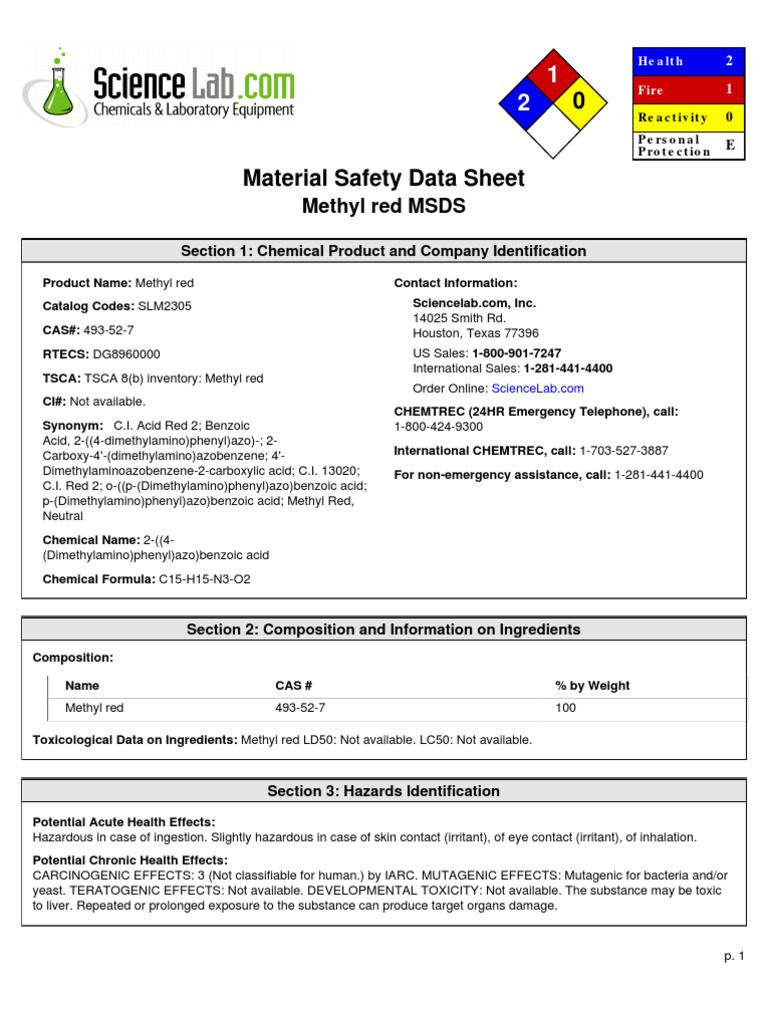 Methyl Red MSDS: Section 1: Chemical Product and Company Identification ...