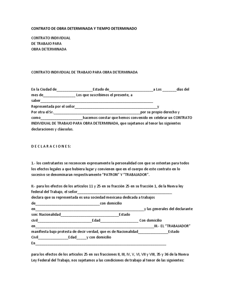 Contrato de Obra Determinada y Tiempo Determinado | PDF | Salario | Tiempo de trabajo