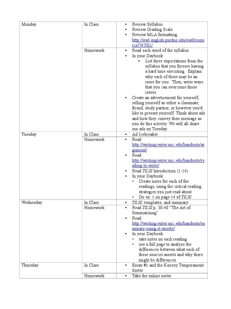 ENG 101 Week 1 Schedule | PDF