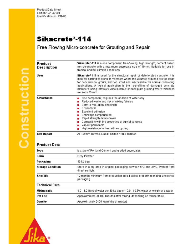 Sikacrete - 114: Free Flowing Micro-Concrete For Grouting and Repair ...