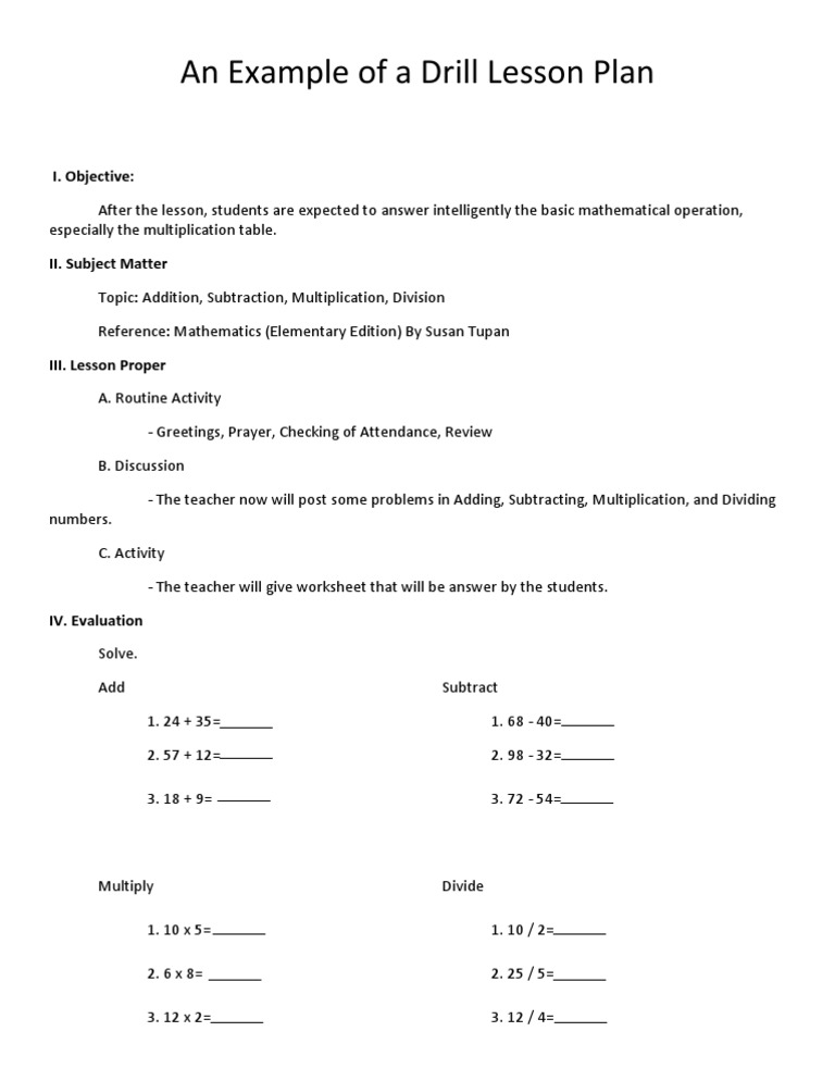 Example Drill Lesson Plan for Math | PDF