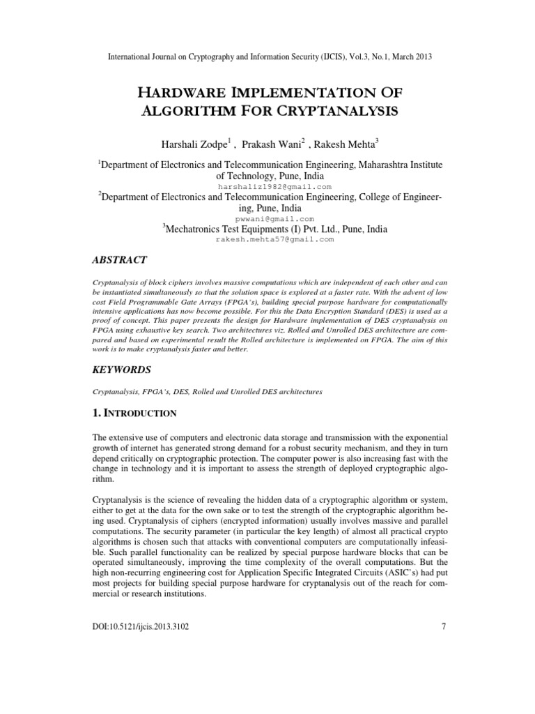Hardware Implementation of Algorithm For Cryptanalysis | PDF | Cryptanalysis | Cryptography