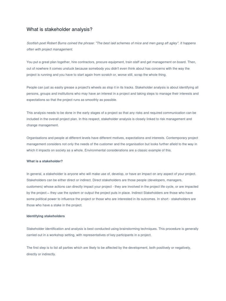 What Is Stakeholder Analysis | PDF | Stakeholder (Corporate) | Focus Group