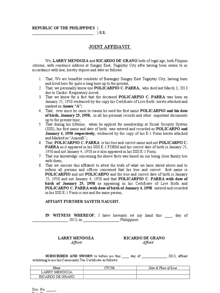 Joint Affidavit | Affidavit | Document