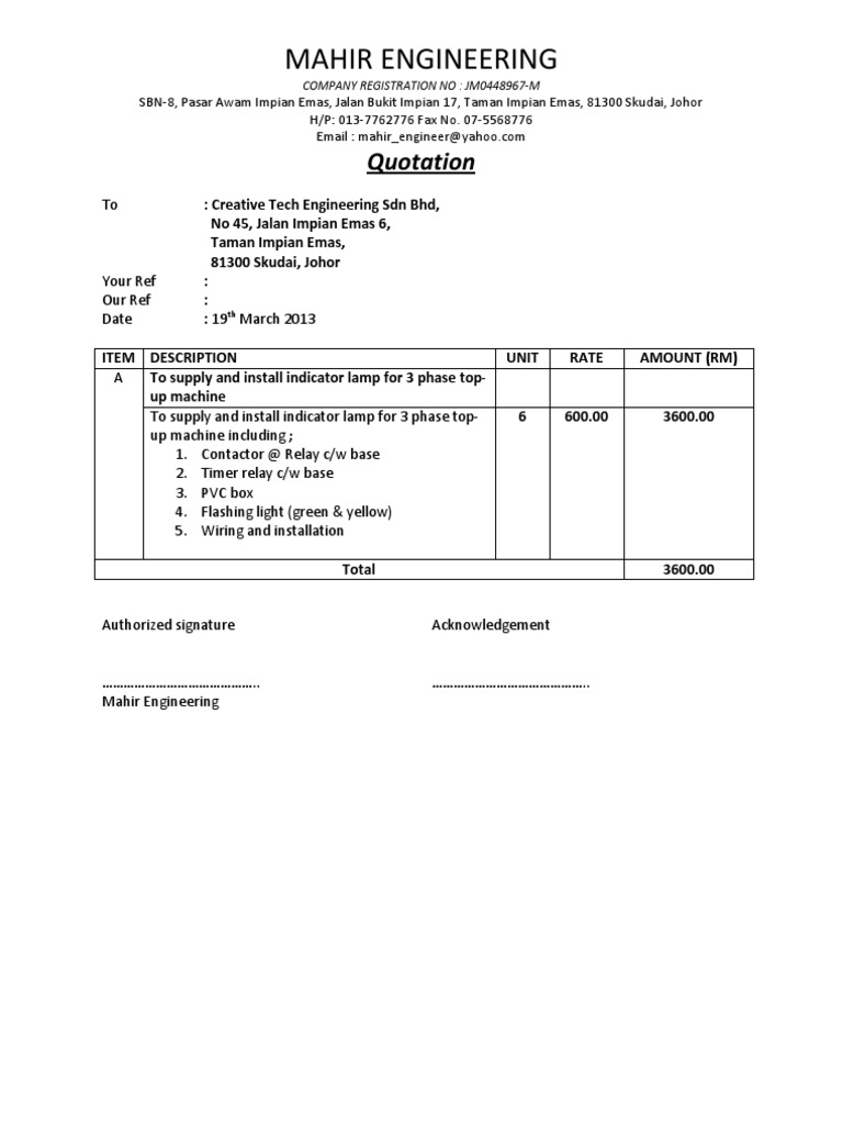 Quotation for Indicator Lamp Installation | PDF | Business | Technology ...