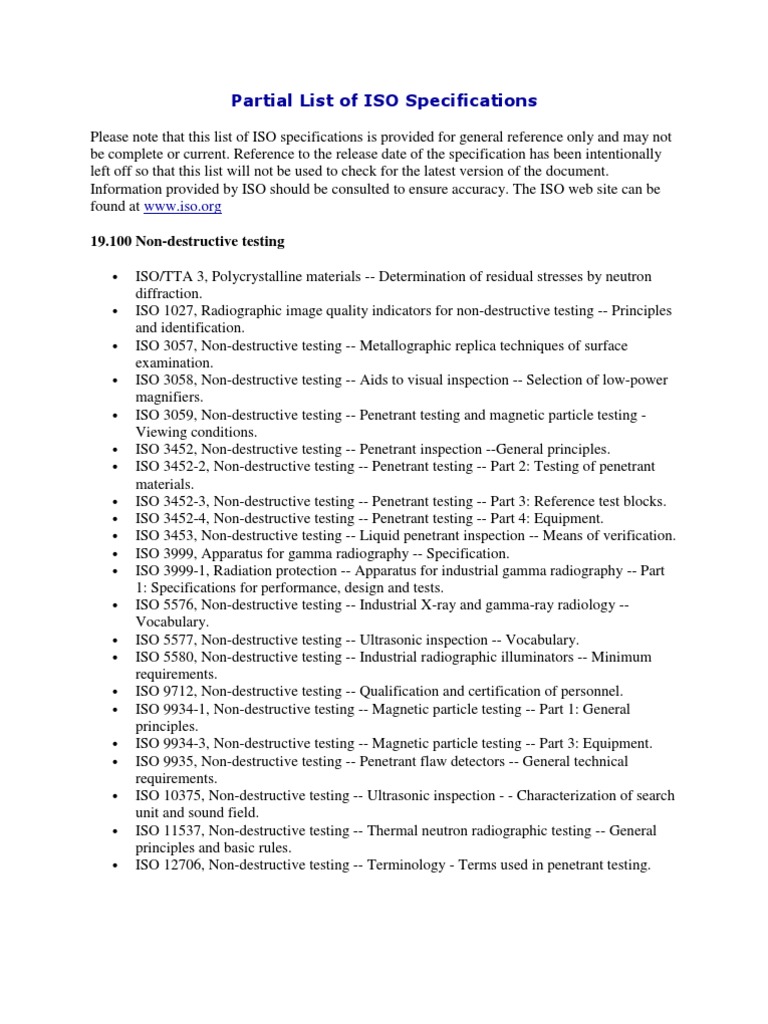 Partial List of ISO Specifications | PDF | Nondestructive Testing | Welding