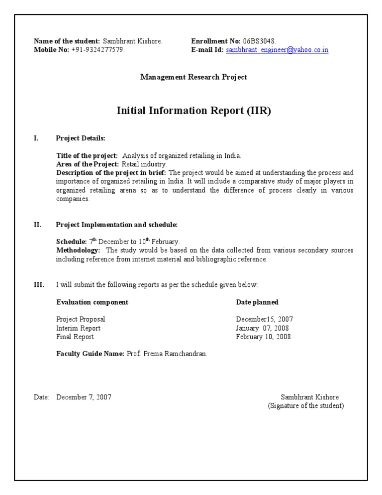 Initial Information Report (IIR) : Management Research Project | PDF