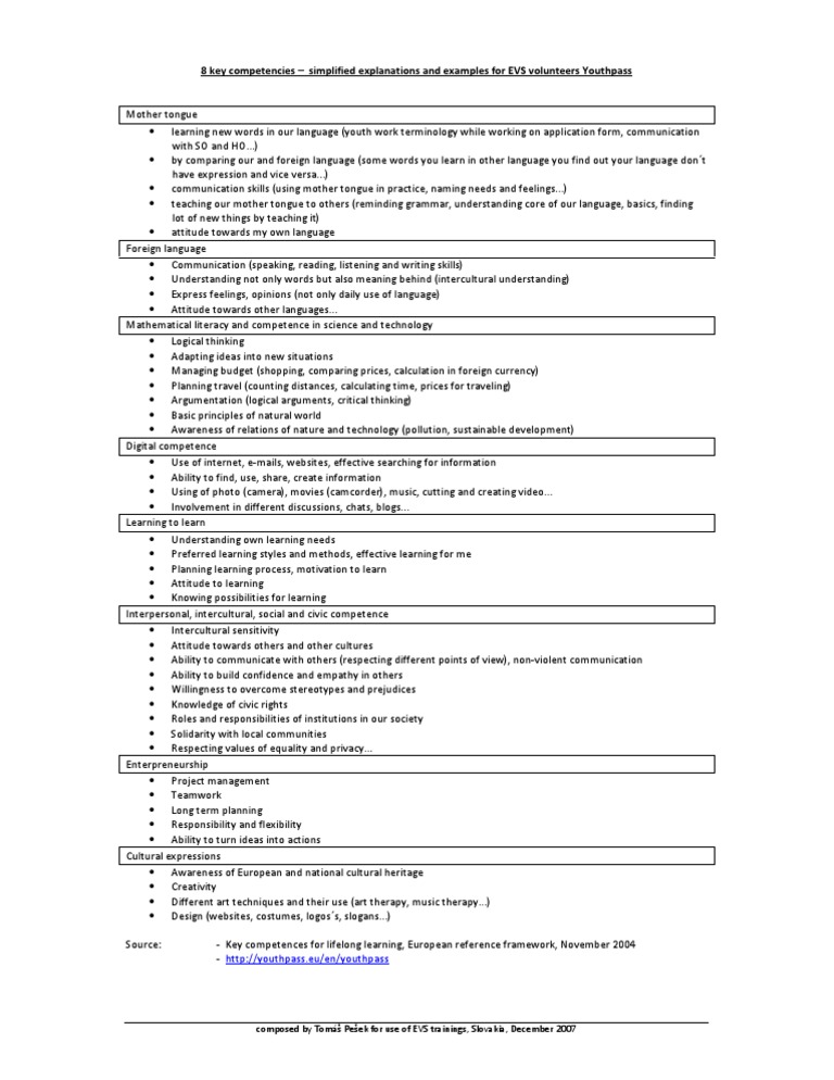 8 Key Competencies - For Youthpass in EVS | PDF | Competence (Human ...